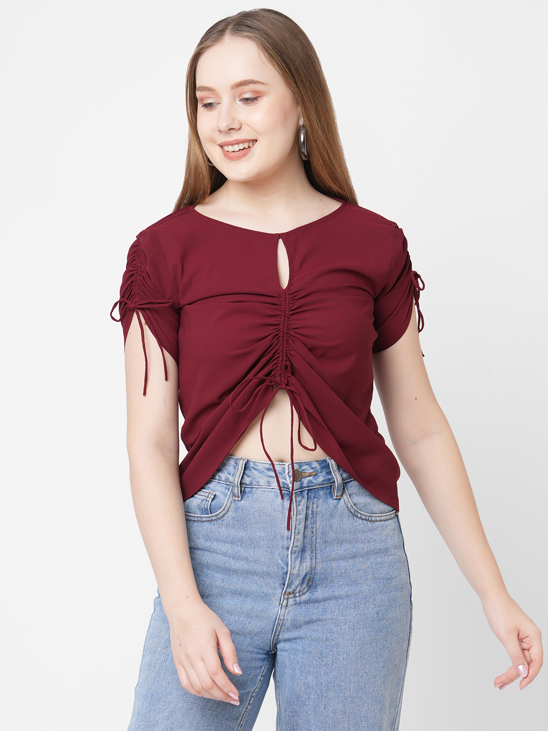 Drawstring style solid maroon top - Mish India