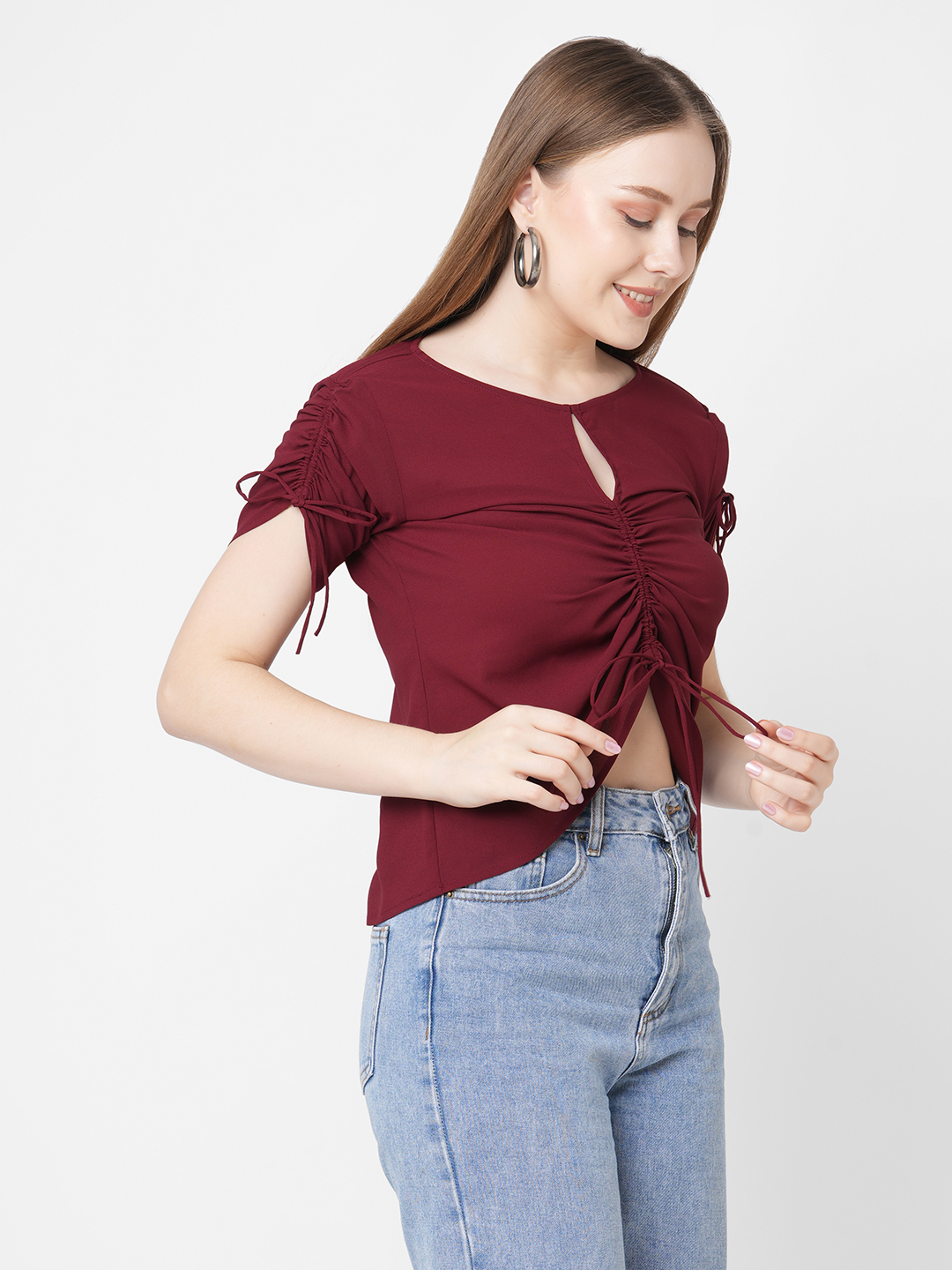 Drawstring style solid maroon top - Mish India