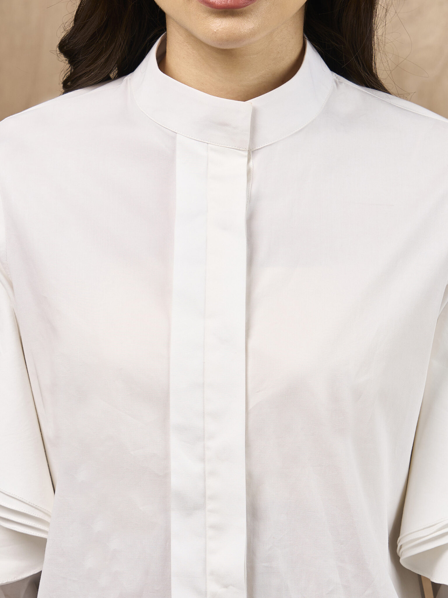 White Formal Shirt with layered ruffle detailing on sleeves - Mish India